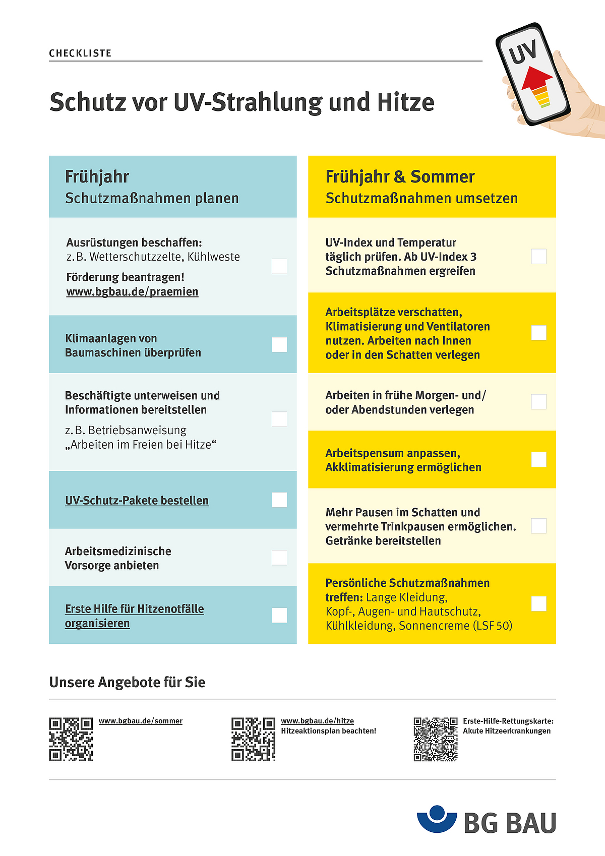 Checkliste: Schutz vor UV-Strahlung und Hitze | BG BAU - Berufsgenossenschaft der Bauwirtschaft