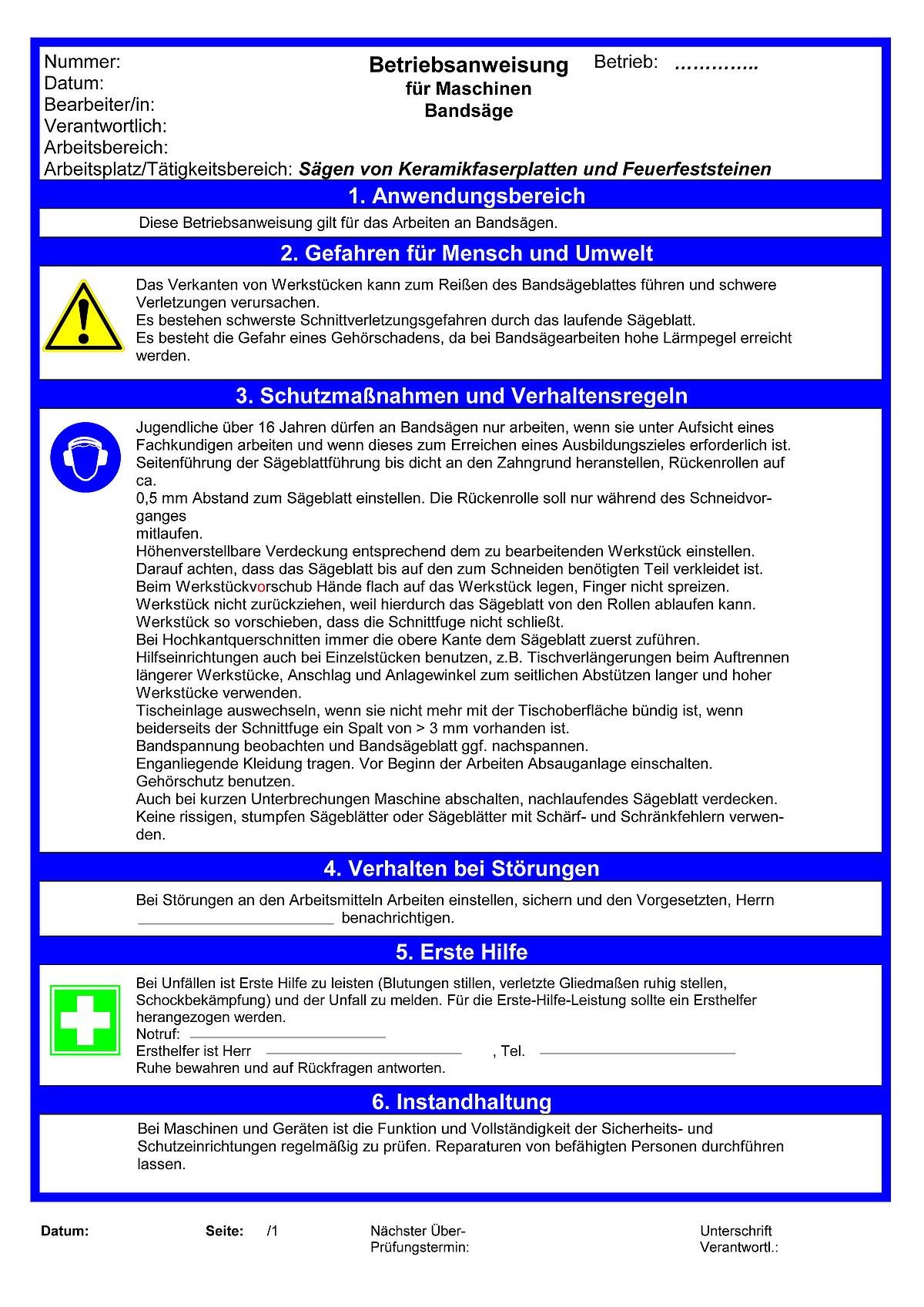 Betriebsanweisungen für Arbeitsmittel: Bandsägen | BG BAU ...